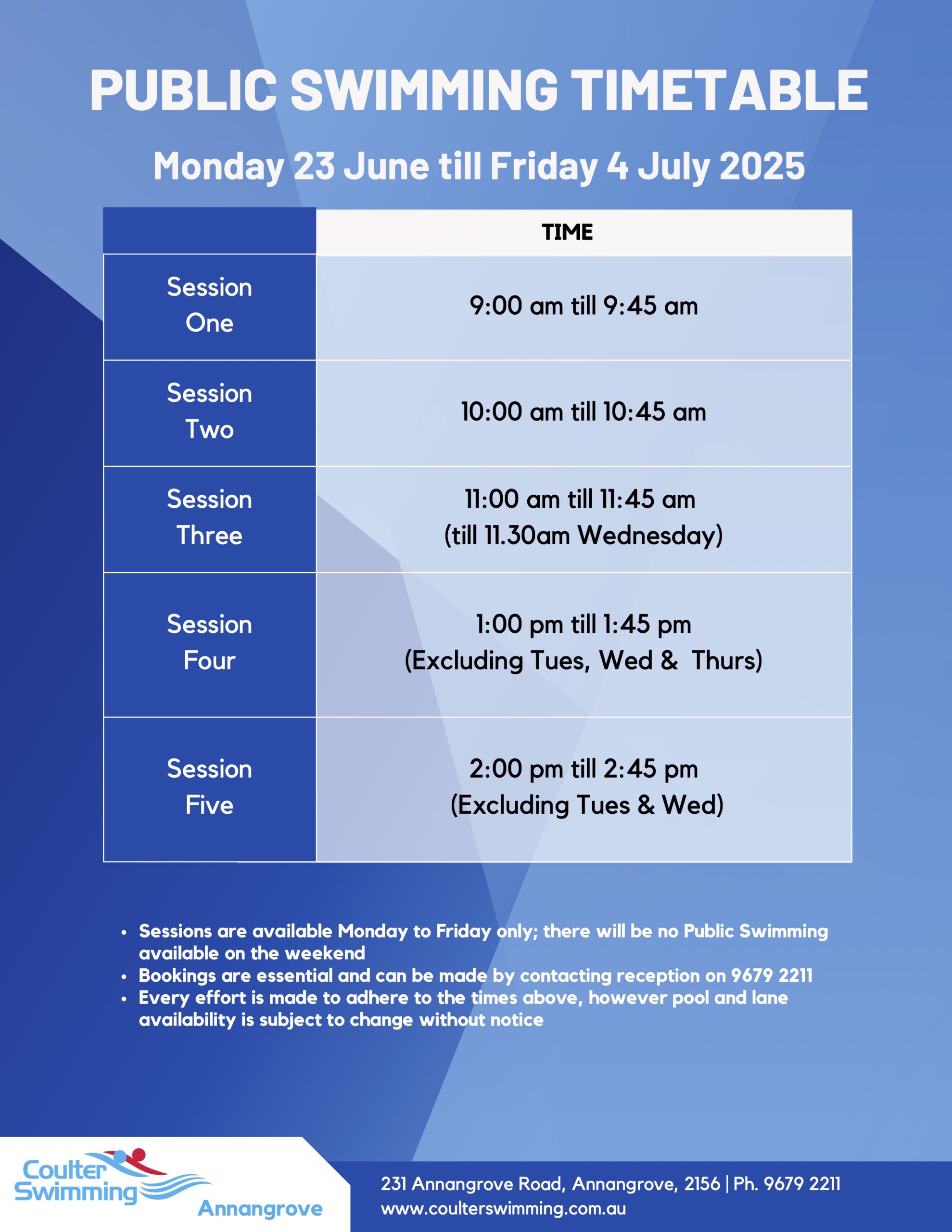 Timetable (Annangrove) | Coulter Swimming