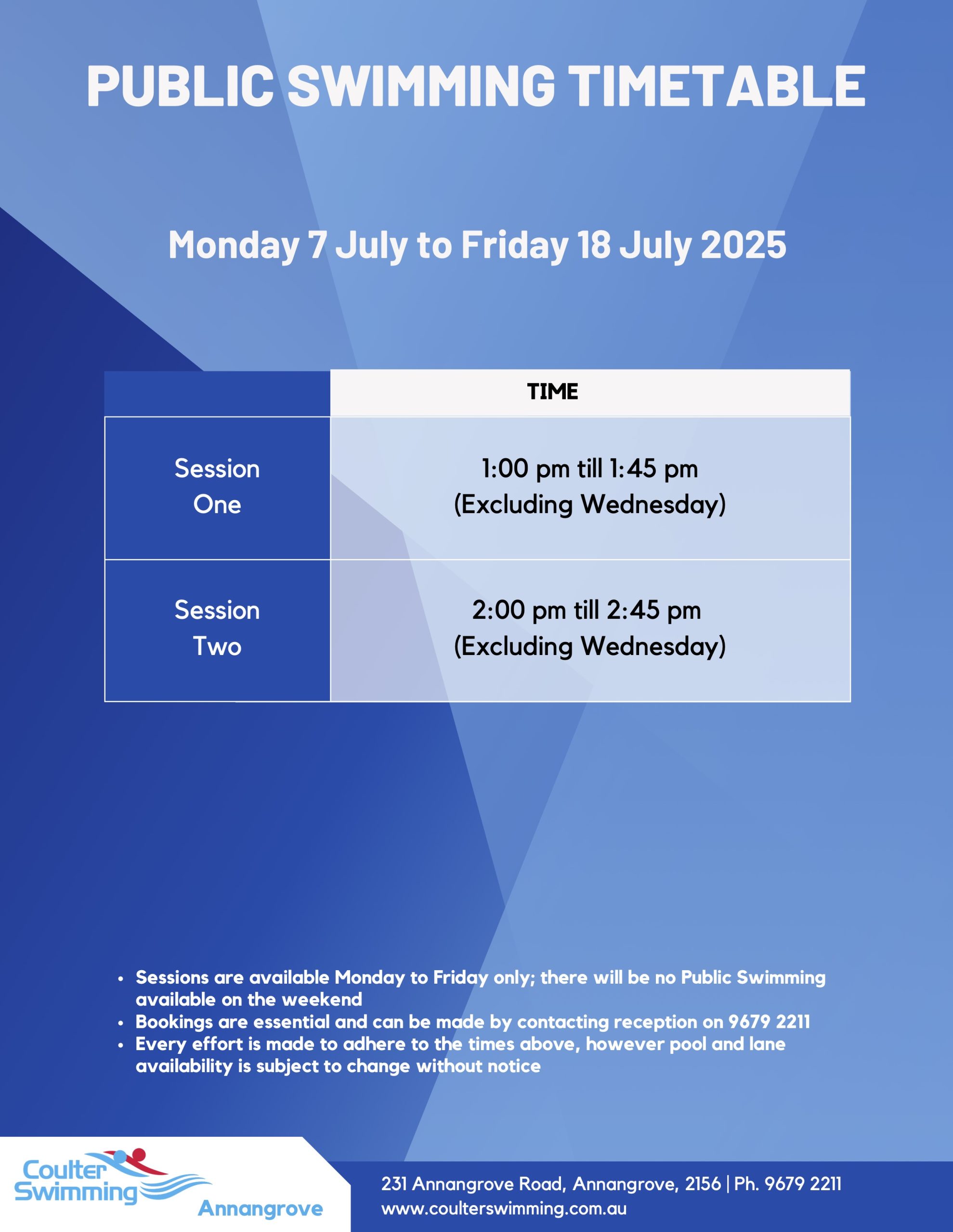 Timetable (Annangrove) | Coulter Swimming